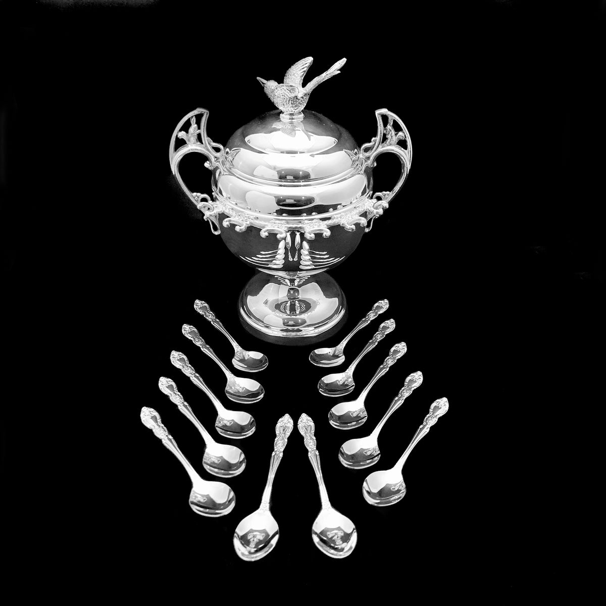Antique Silver Plate Sugar Bowl Bird Rabbit Handles Spoons Wm. Rogers ...