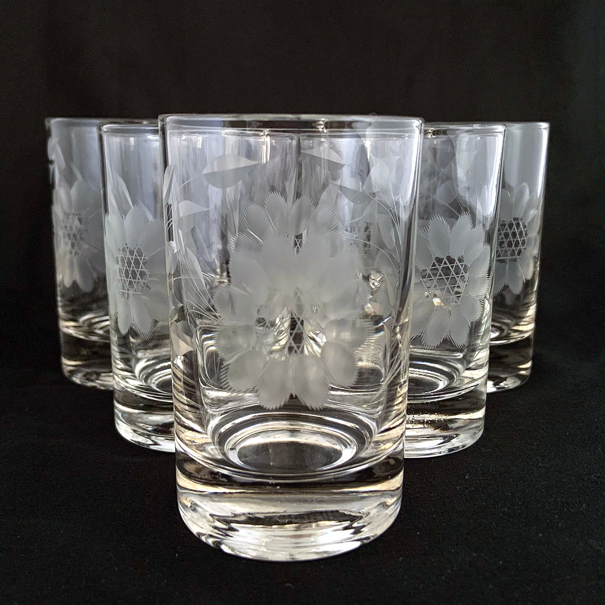 Six Vintage Cut "Corn Flower" 5oz Flat Juice Glass Tumblers, WJ Hughes ...
